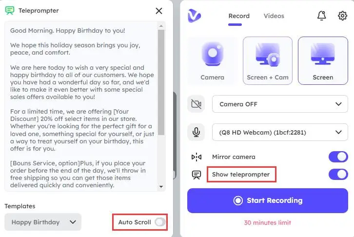 Record your video with teleprompter